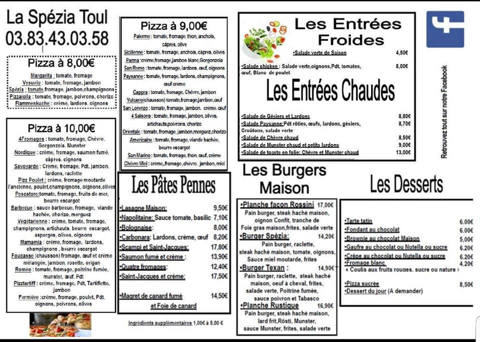 Menu au La Spézia pizzeria, Toul, Avenue Gén Bigeard