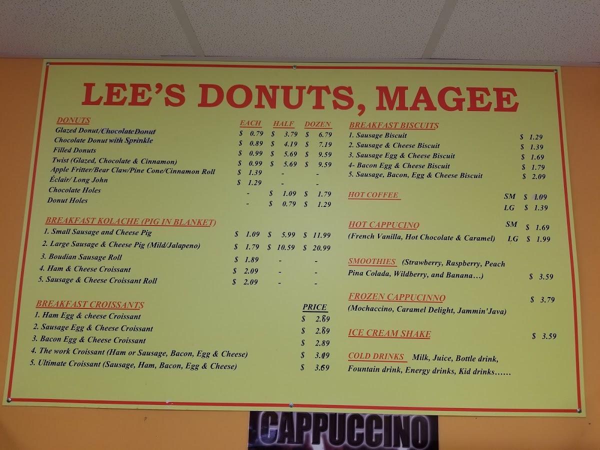 Menu at Lee's Donuts, Magee
