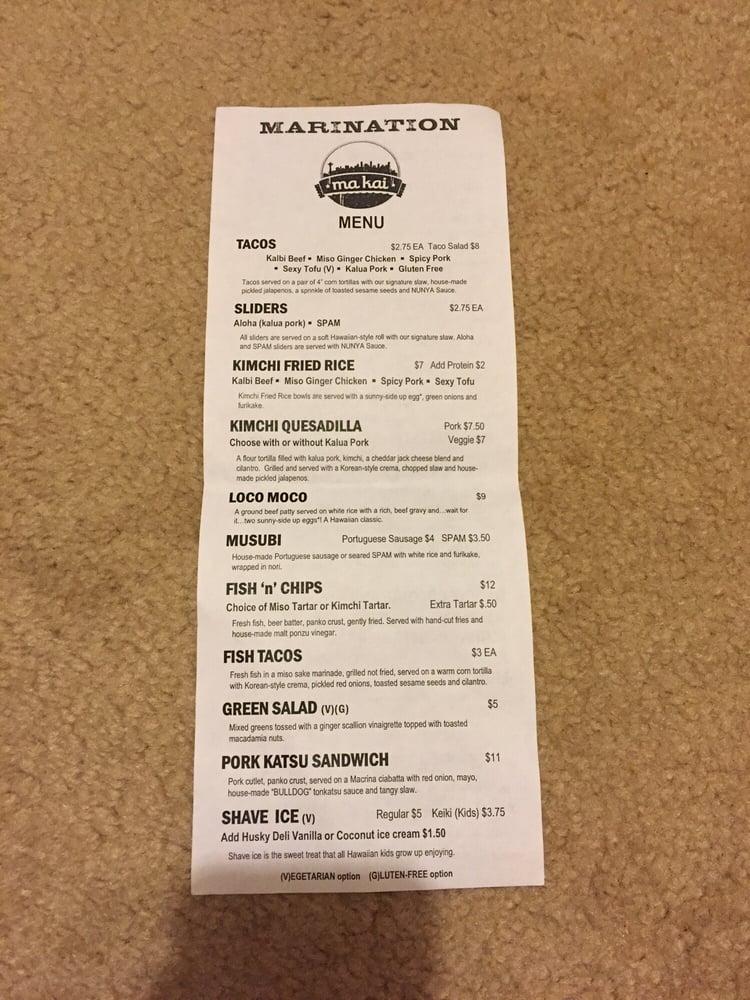 Menu at Marination Ma Kai restaurant, Seattle