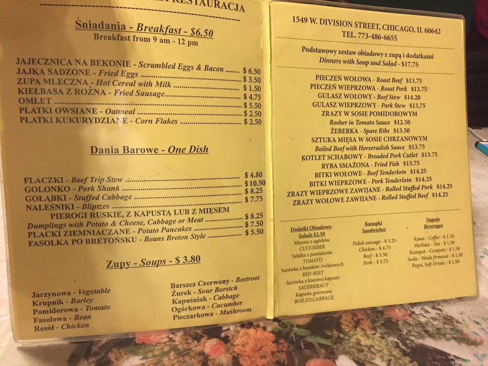 Menu at Podhalanka restaurant, Chicago