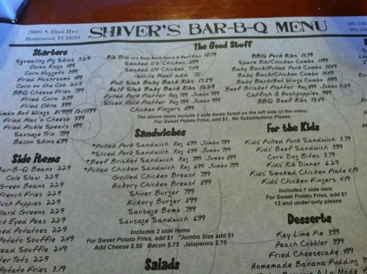 Carta de Shiver's BBQ, Homestead