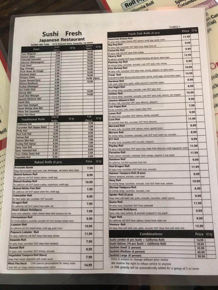 Menu at Sushi Fresh Camarillo restaurant, Camarillo