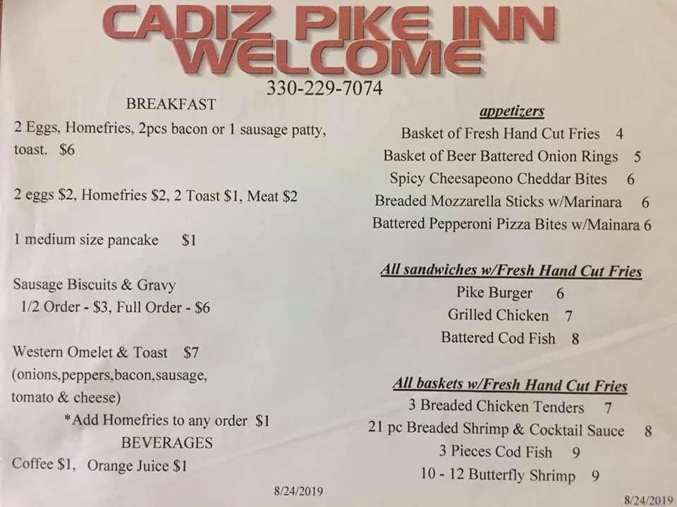 Menu at JT’s Cadiz Pike Inn pub & bar, Dennison