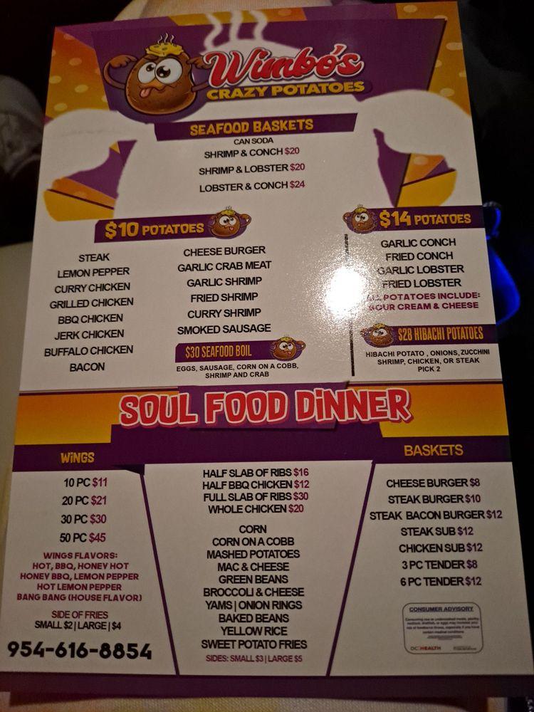 Menu at Wimbos Crazy Potatoes BBQ, Lauderhill