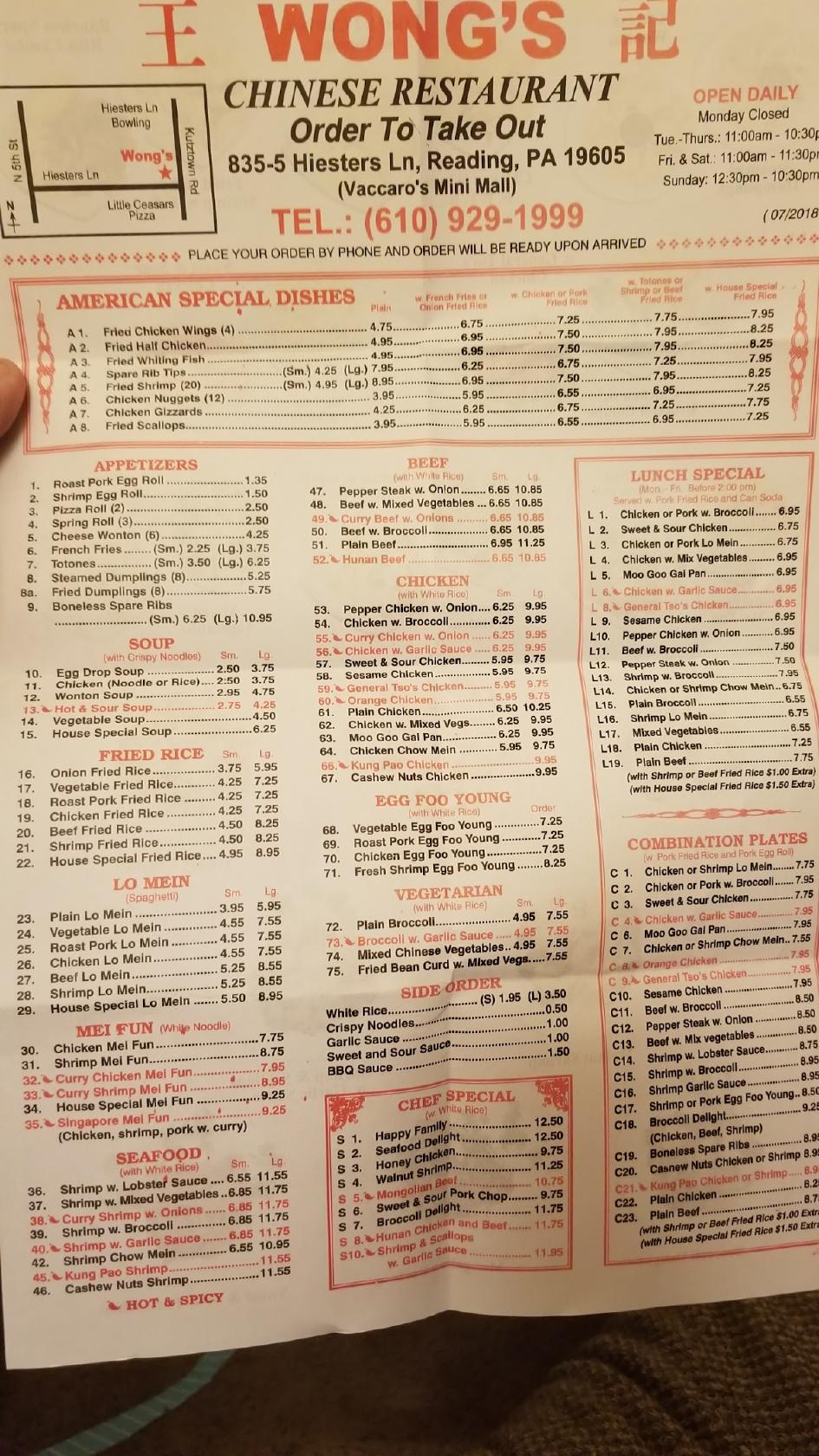 Menu at Wong's Chinese Restaurant, Reading
