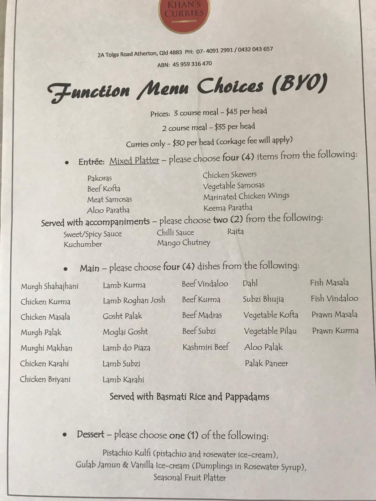 Menu at Khan's Curries restaurant, Atherton