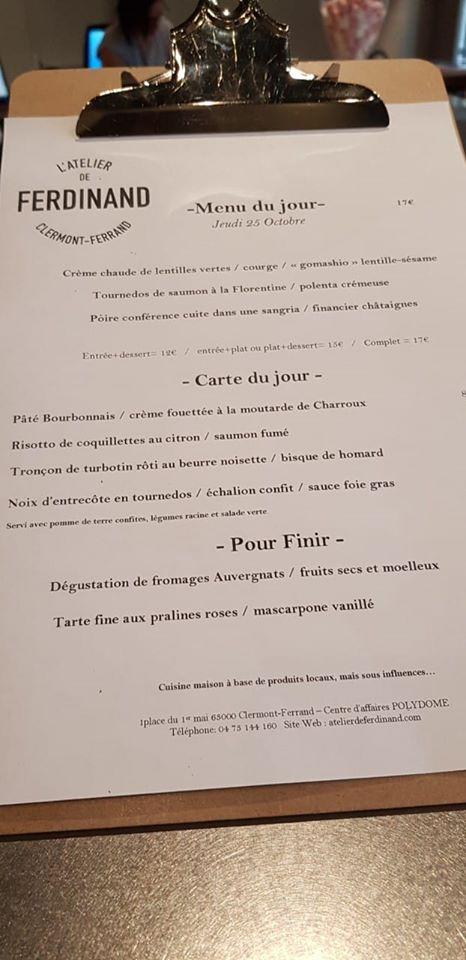 Menu at L'Atelier de Ferdinand restaurant, Clermont-Ferrand