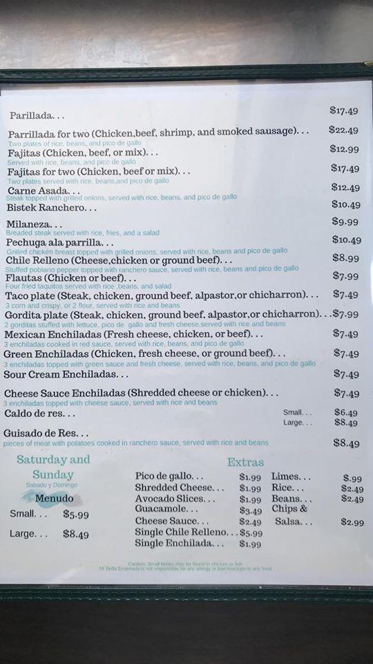 Menu at Mi Bella Ensenada restaurant, Fort Worth