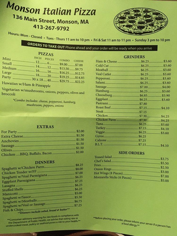 Menu at Monson Italian Pizzeria, Monson