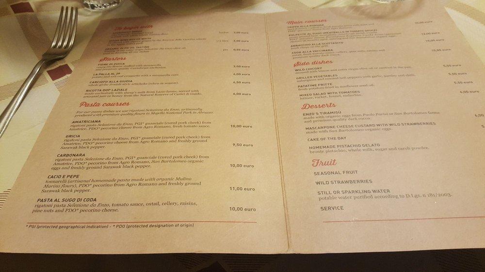 Menu at Trattoria Da Enzo al 29 restaurant, Rome