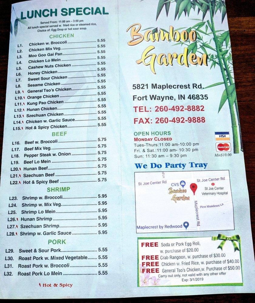 Menu at Bamboo Garden restaurant, Fort Wayne, Maplecrest Rd