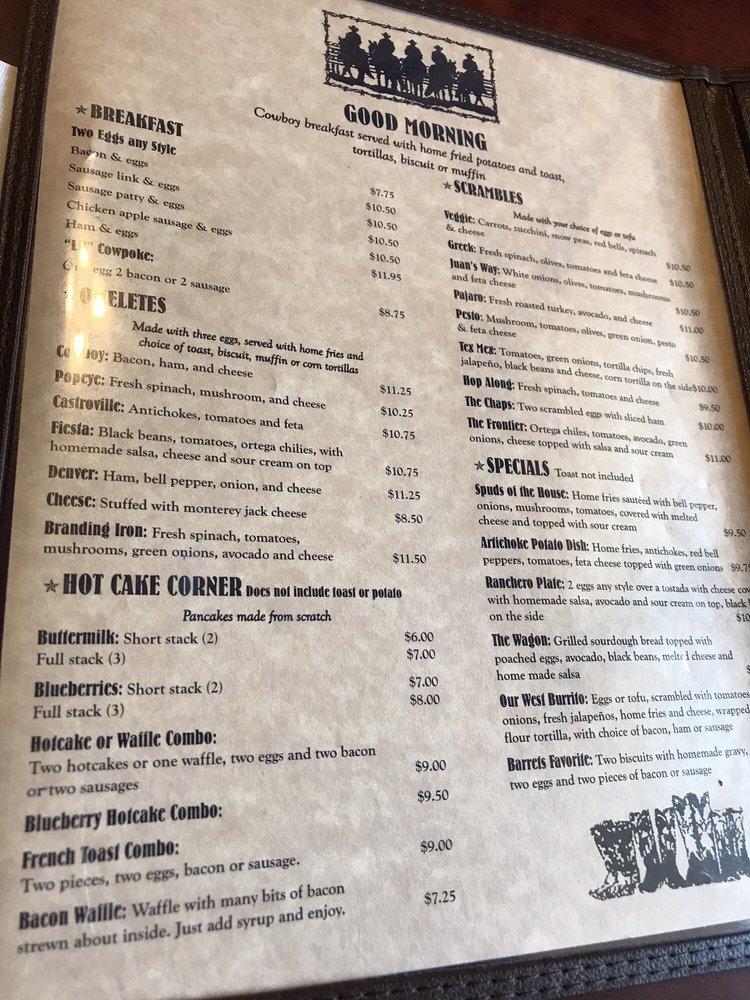 Menu at Cowboys Corner Cafe, Watsonville