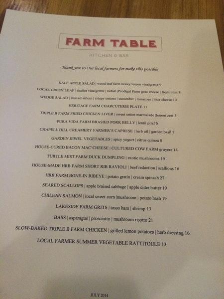 Menu at Farm Table restaurant, Wake Forest