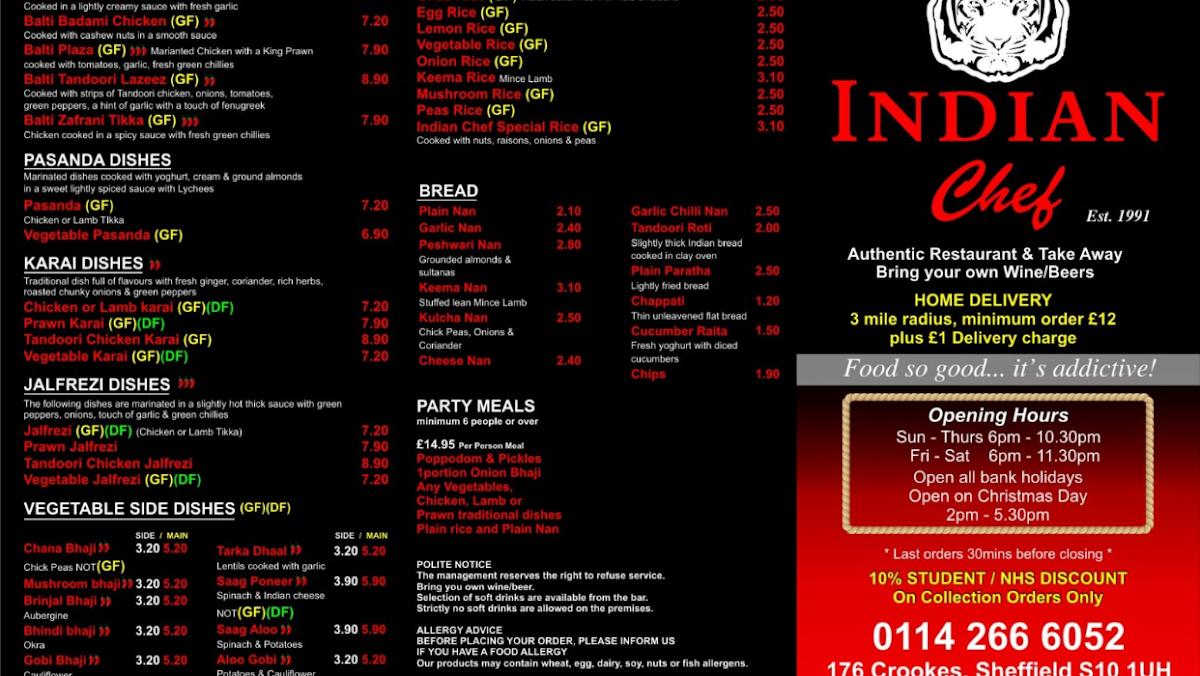 Menu at Indian Chef restaurant, Sheffield, 176 Crookes
