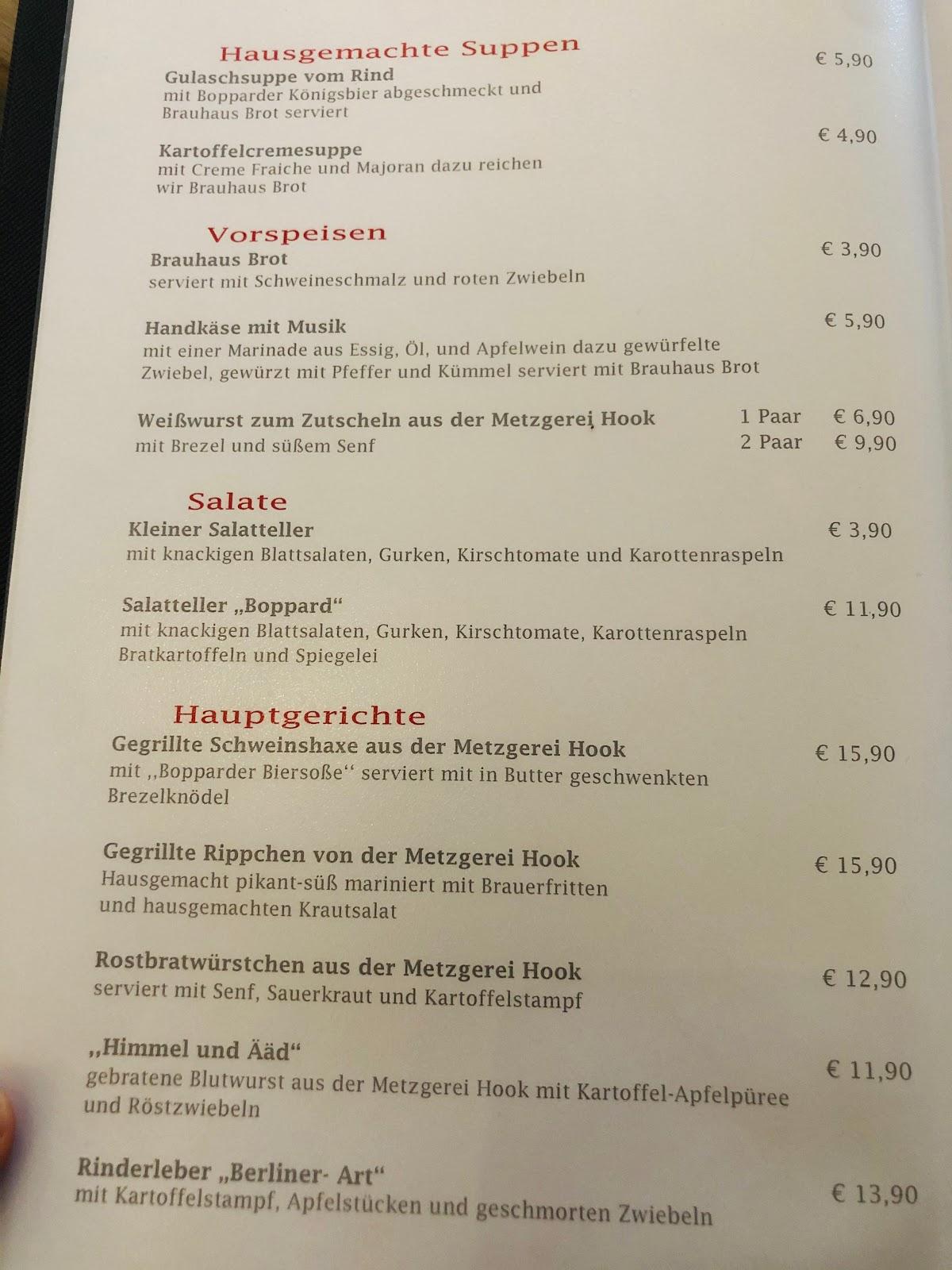 Menu at Königliches Brauhaus restaurant, Boppard