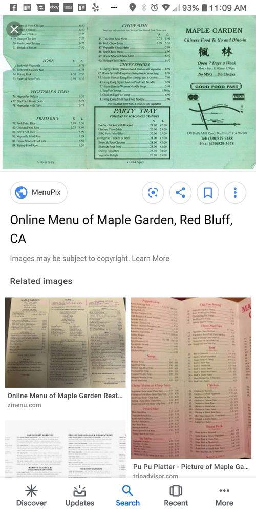 Menu at Maple Gardens restaurant, Red Bluff