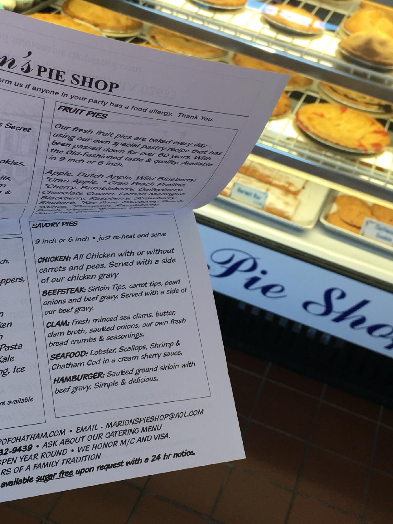 Menu at Marion's Pie Shop restaurant, Chatham