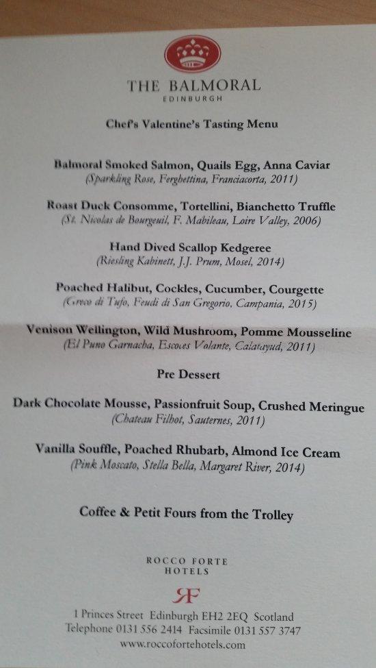 Menu at Number One restaurant, Edinburgh