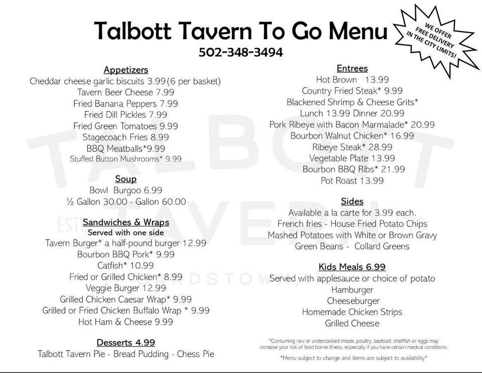 Menu at Old Talbott Tavern pub & bar, Bardstown