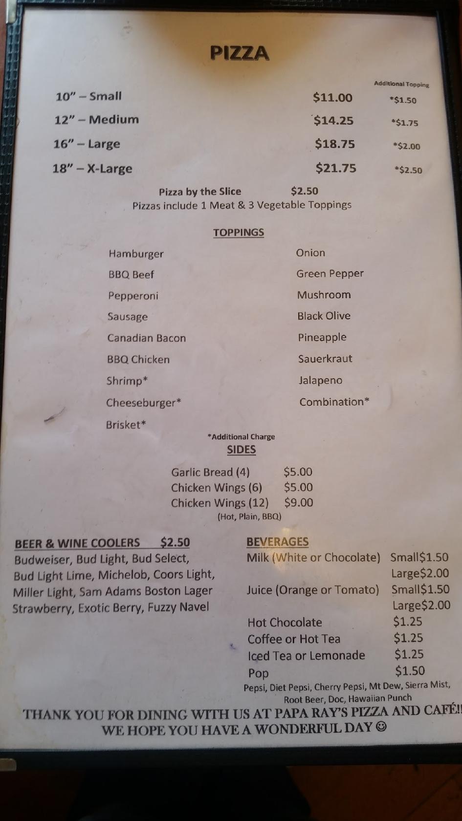 Menu at Papa Ray's Pizza & Cafe, Hastings