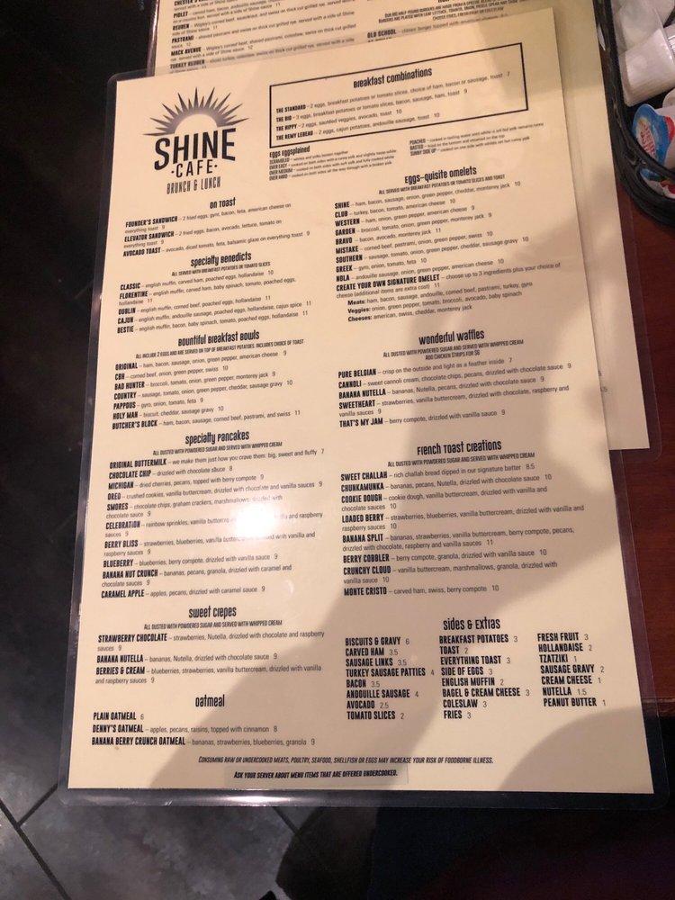 Menu at Shine Cafe, Troy