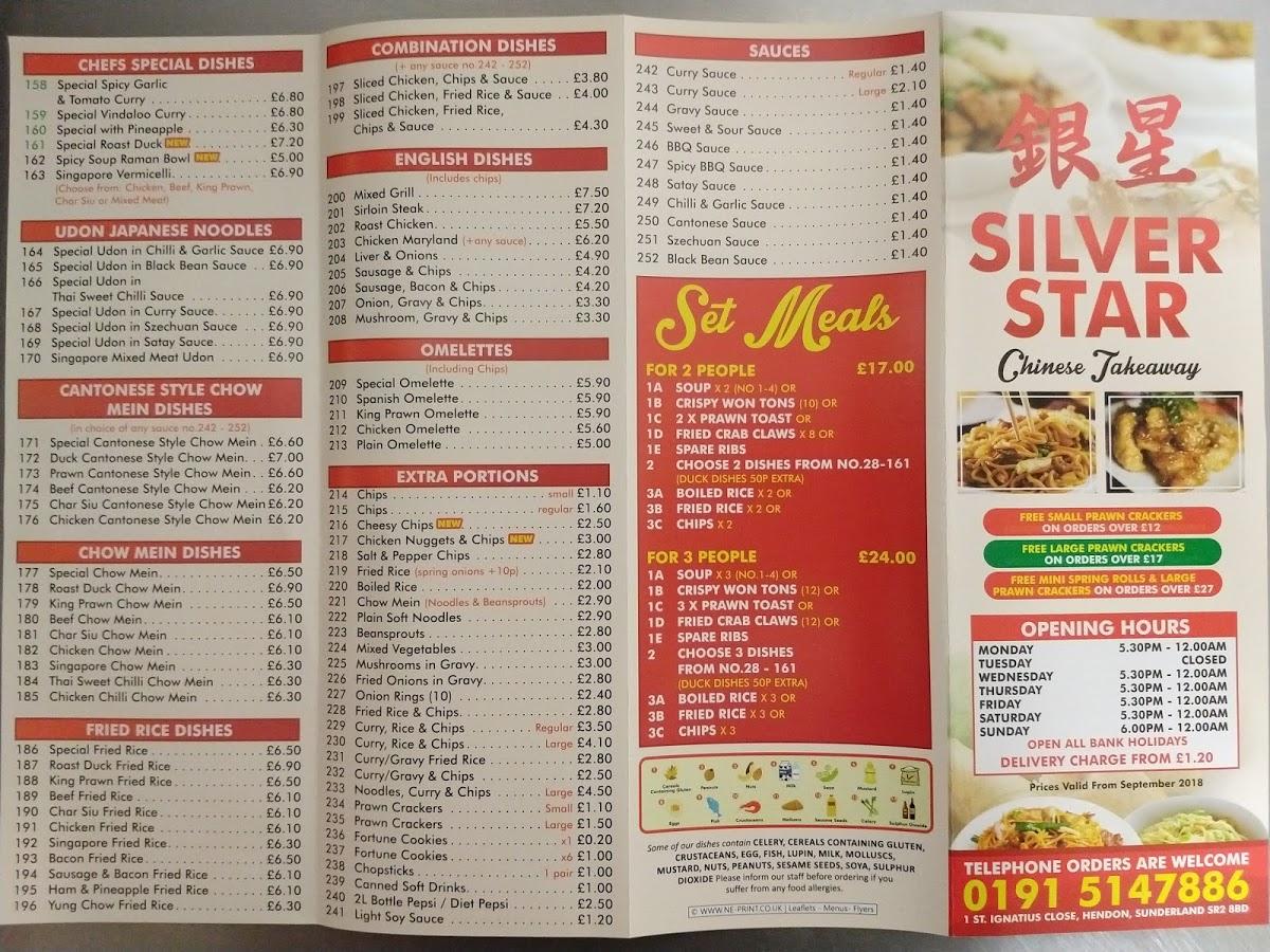 Menu at Silver Star fast food, Sunderland