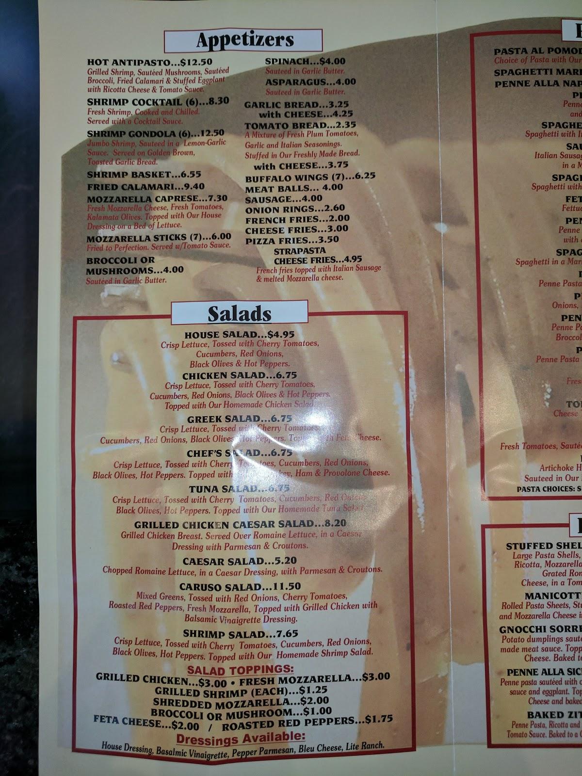 Menu at Strapasta pizzeria, Fallston