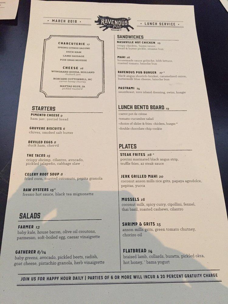 Menu at The Ravenous Pig BBQ, Winter Park, 565 W Fairbanks Ave