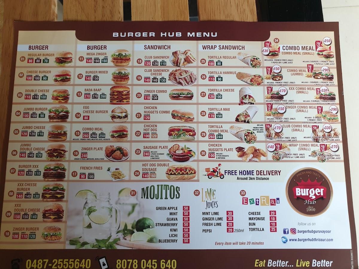 Menu at Burger hub, Guruvayur