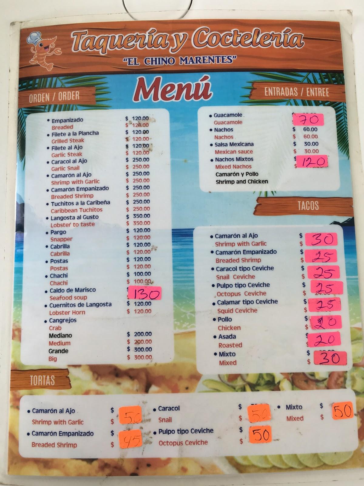 Menu at El Chino Marentes restaurant, San Miguel de Cozumel