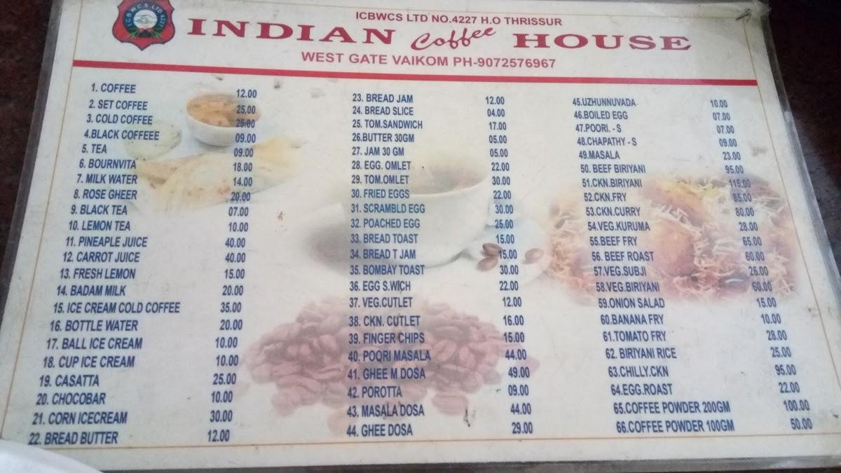 Menu at Indian Coffee House, Vaikom, P9XR+V76