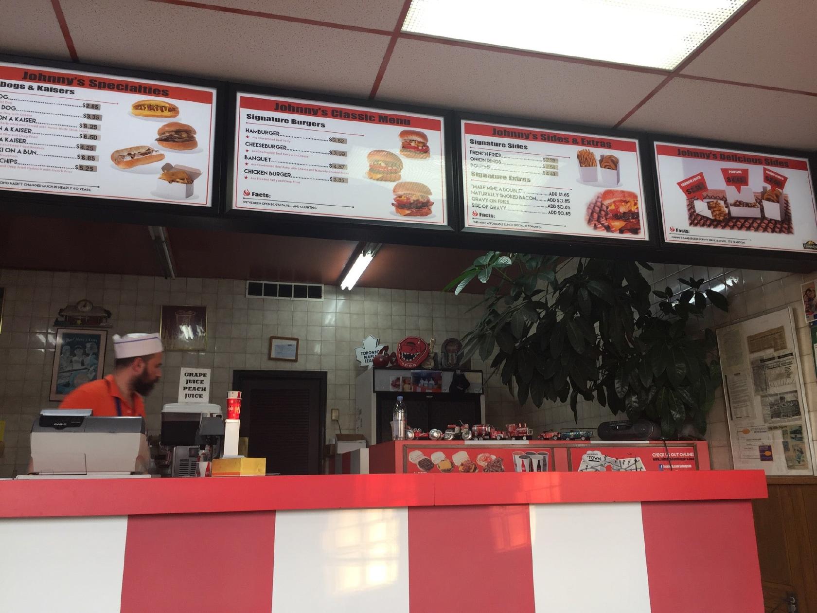 Menu at Johnny's Hamburgers restaurant, Toronto