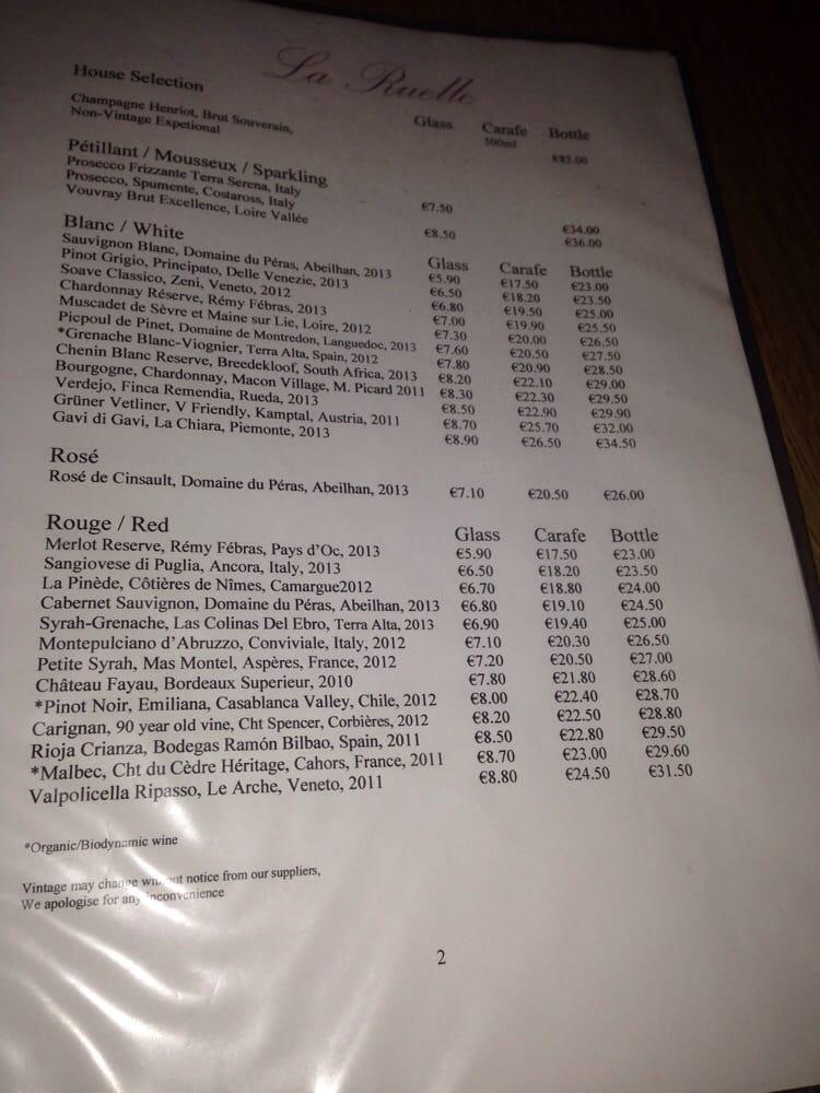 Menu at La Ruelle Wine Bar, Dublin