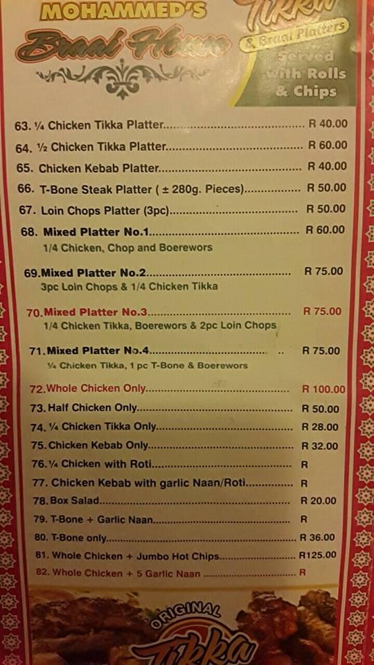 Menu at Mohammed's Tikka & Kebaab restaurant, Cape Town