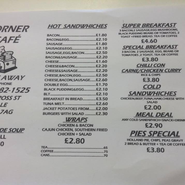 Menu at The Corner Cafe, Sale, 180 Cross St