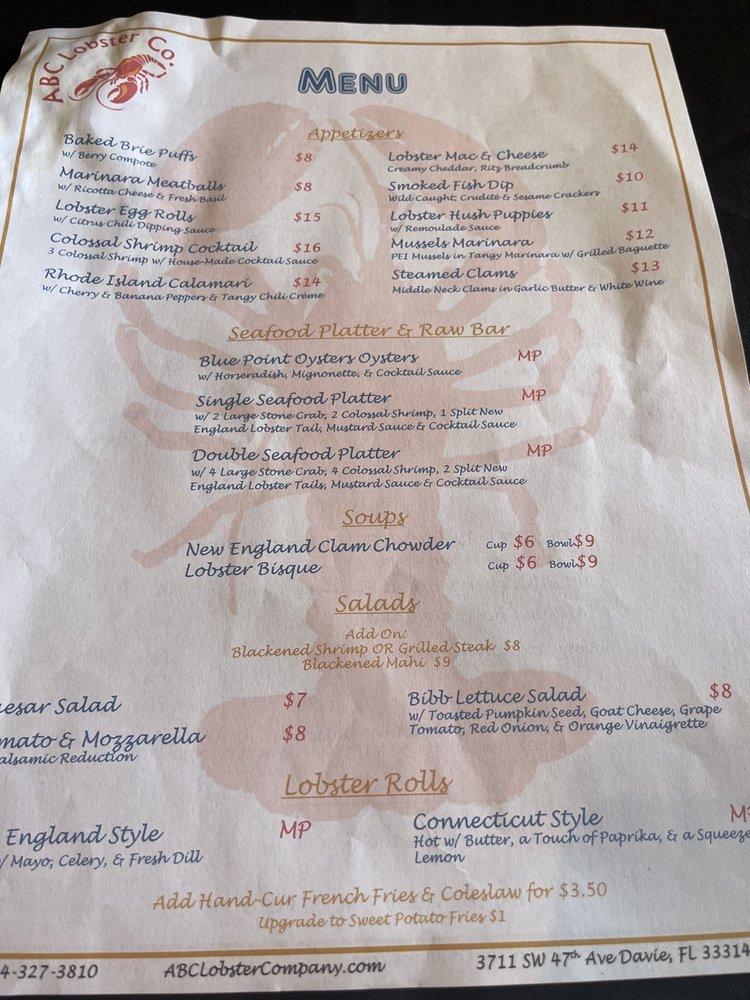 Menu at ABC Lobster Company restaurant, Davie