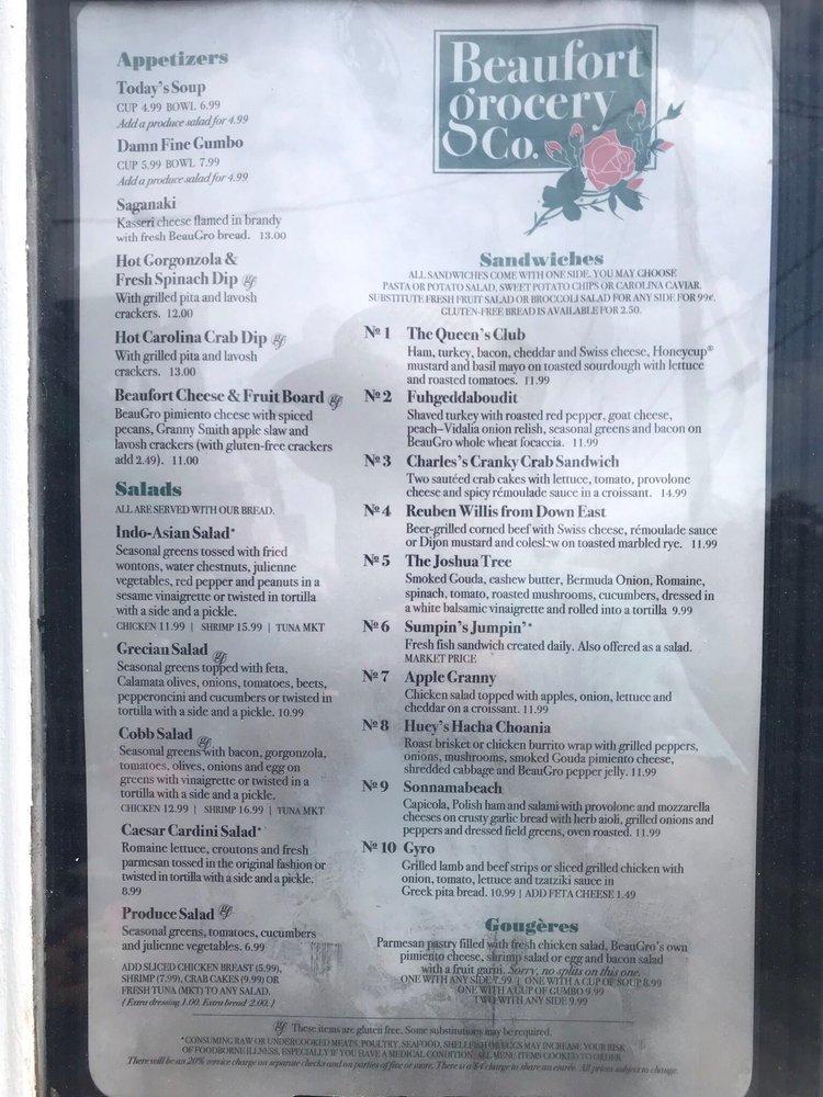 Menu at Beaufort Grocery restaurant, Beaufort, 117 Queen St