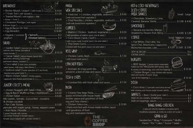 Menu at Coco Kai restaurant, Lower Hutt