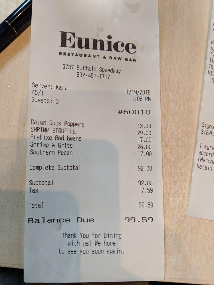 Menu at Eunice restaurant, Houston