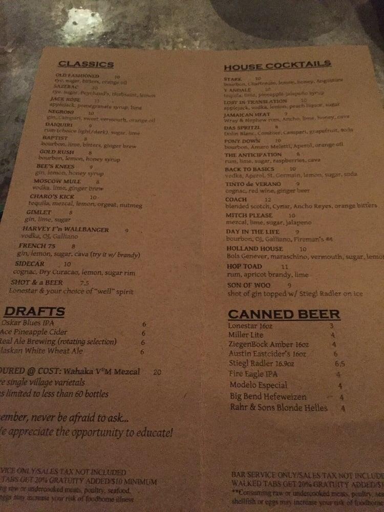 Menu at Firehouse Lounge pub & bar, Austin, 605 Brazos St