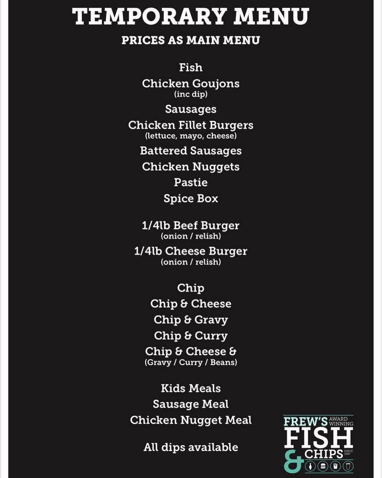 Menu at Frew's Fish & Chips restaurant, Ballymena