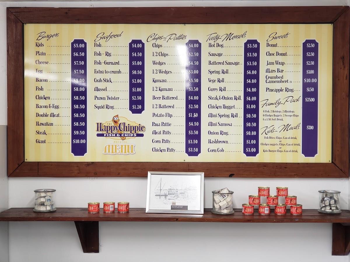 Menu at Happy Chippy fast food, Motueka