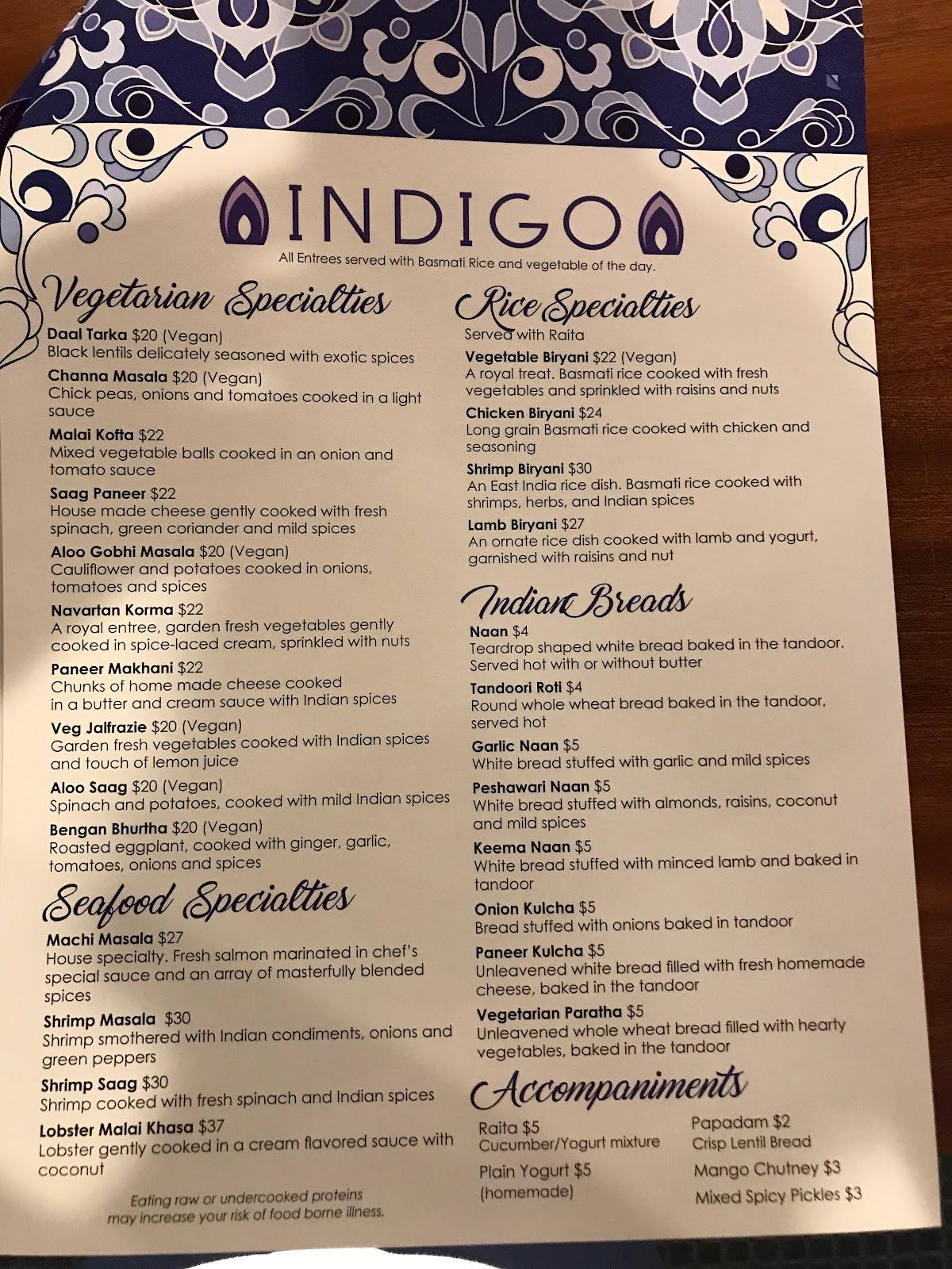 Menu at Indian Rehoboth Indigo Restaurant, Rehoboth Beach