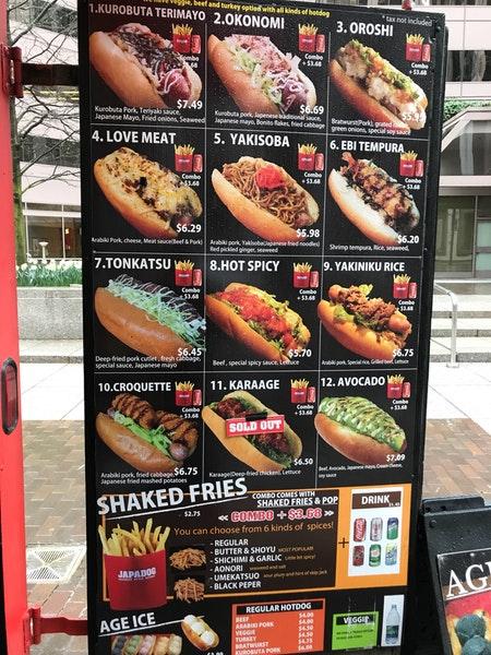 Menu at Japadog, Vancouver, 510 Burrard Street