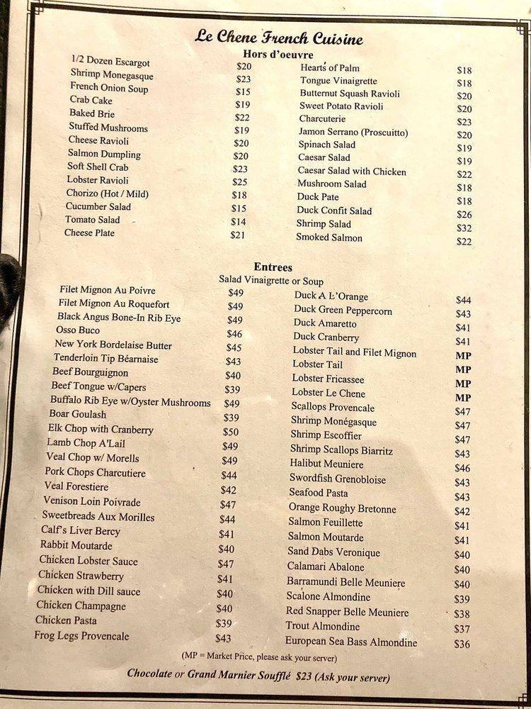 Menu at Le Chêne French Cuisine restaurant, Santa Clarita, Sierra Hwy