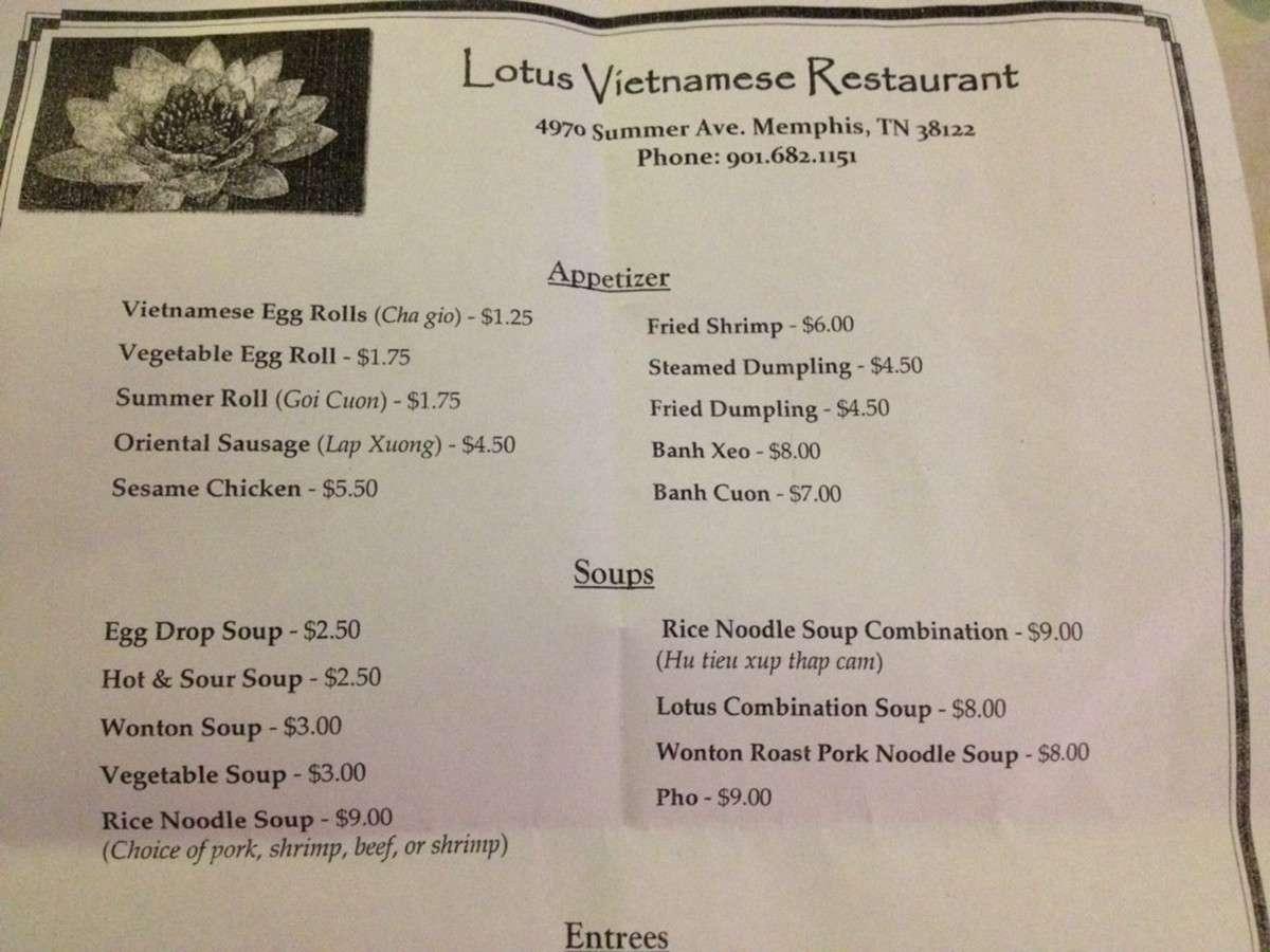 Menu at Lotus Vietnamese Restaurant, Memphis