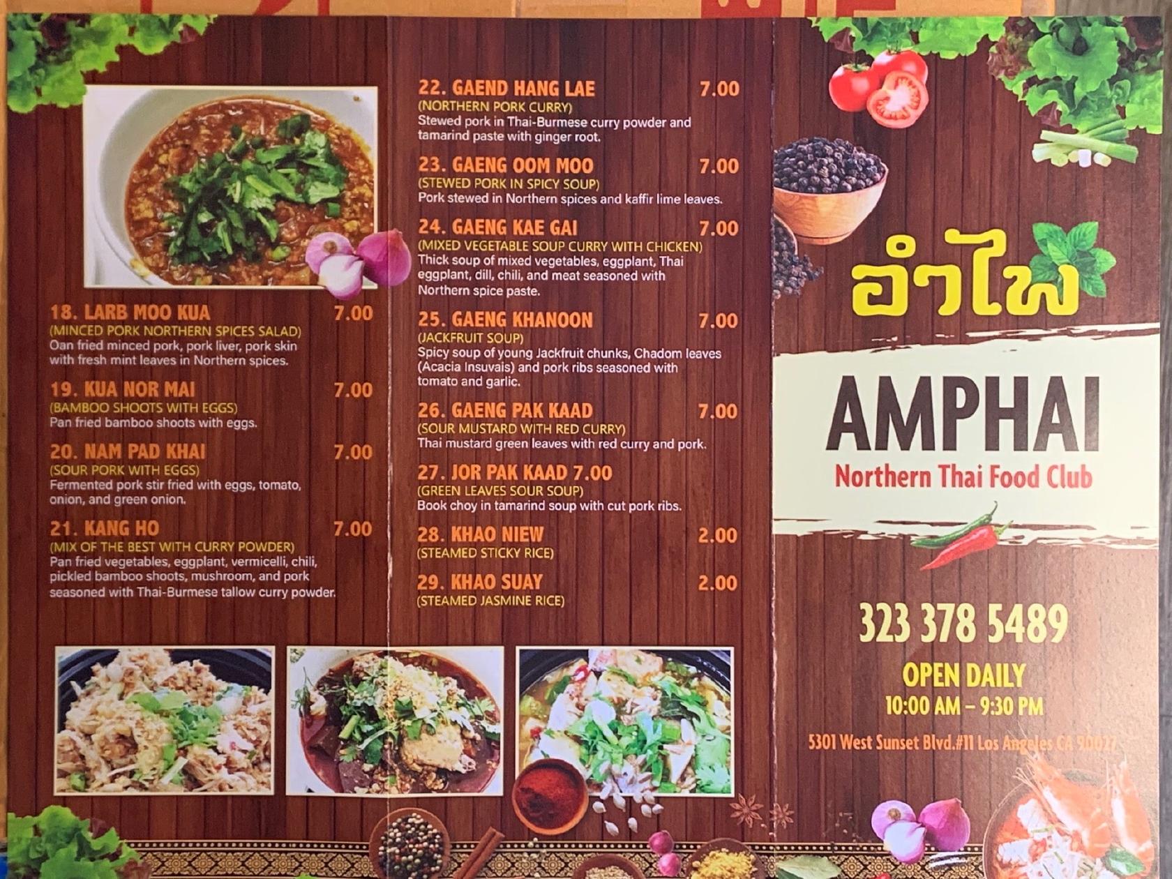 Menu at Amphai Northern Thai Food Club, Los Angeles