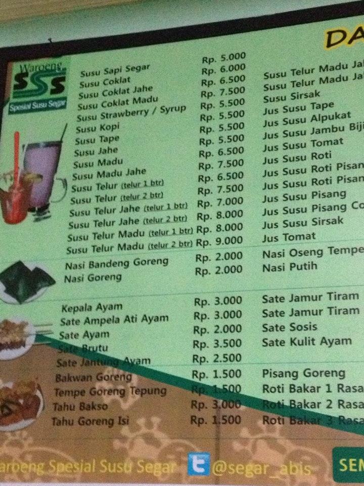 Menu at Spesial Susu Segar restaurant, Yogyakarta