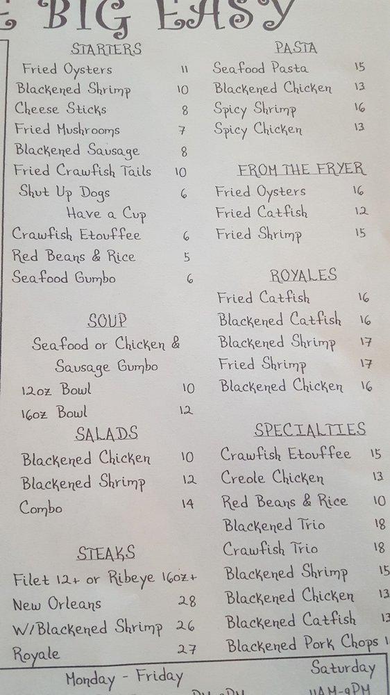 Menu at The Big Easy restaurant, Yukon