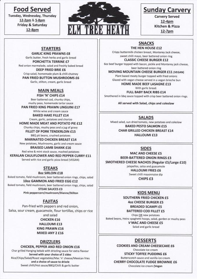 Menu at The Elm Tree pub & bar, Heath